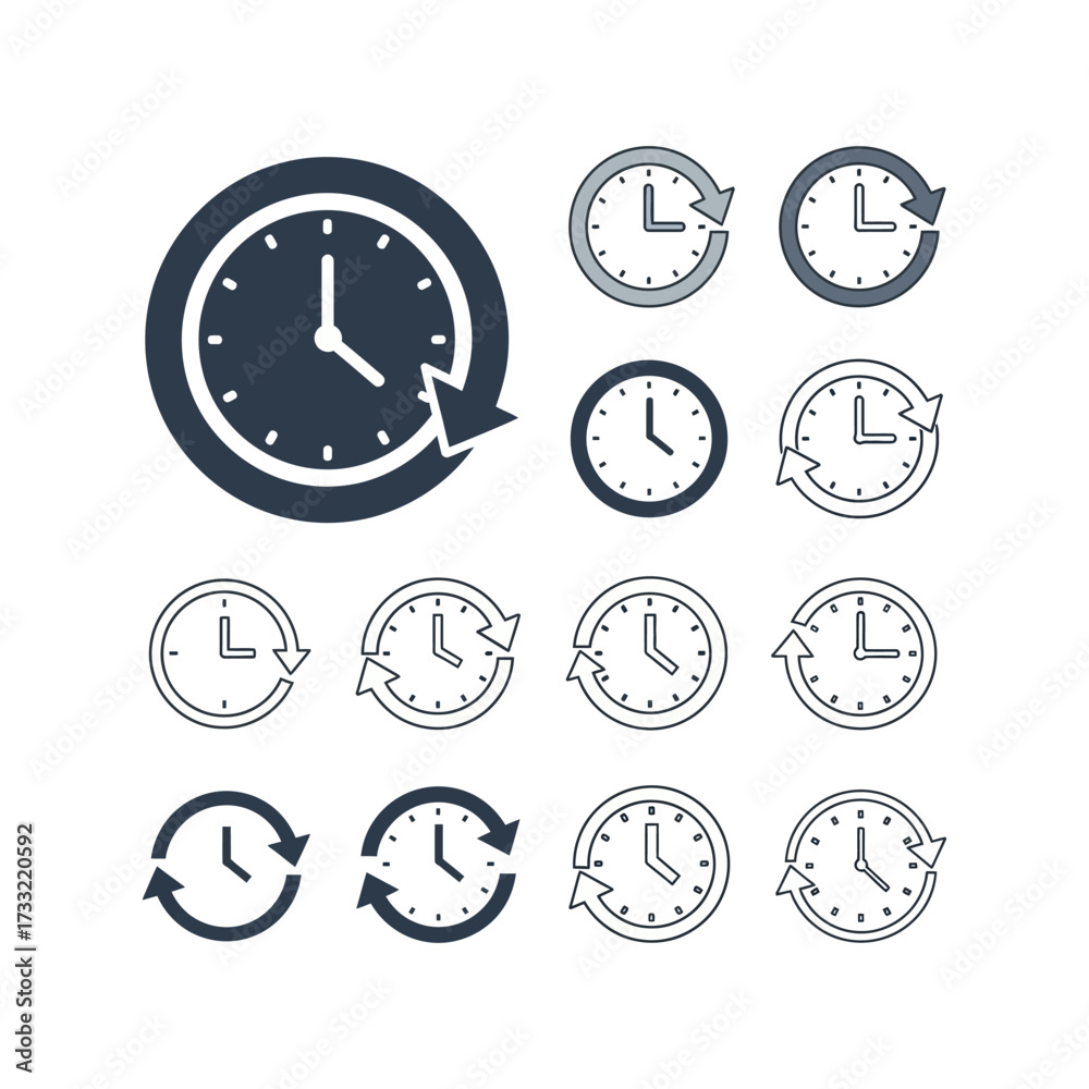 Four stylized clock icons showing reload, reset, and circular time flow ...