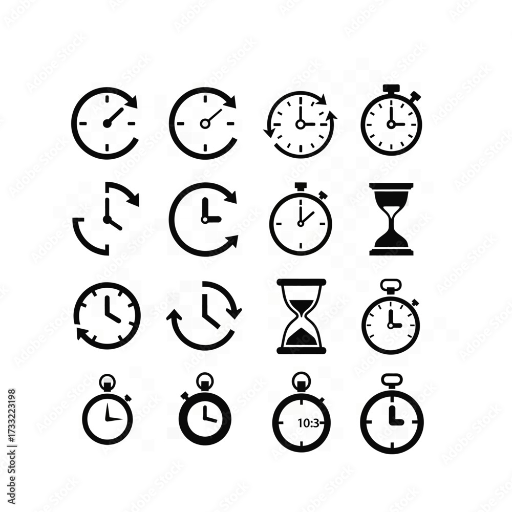 Four stylized clock icons showing reload, reset, and circular time flow ...
