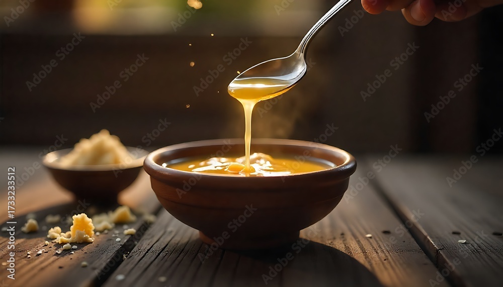 Spoon dripping with golden ghee, a clarified butter used in south asian ...