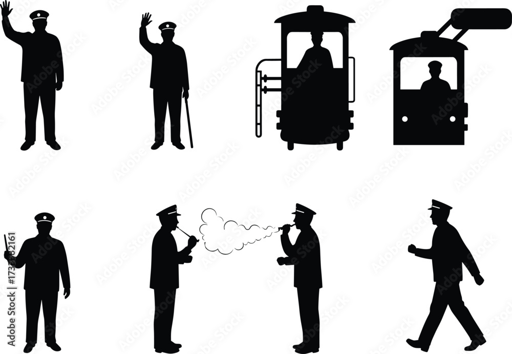 Silhouette, train conductor, tram worker, vintage transport, railway ...