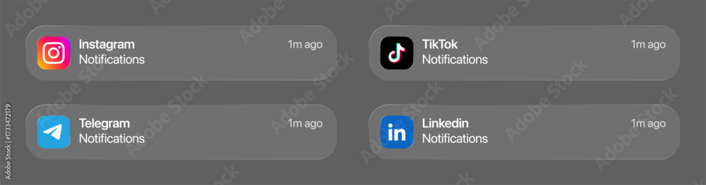 Instagram, TikTok, Telegram, Linkedin iOS liquid glass notification ...