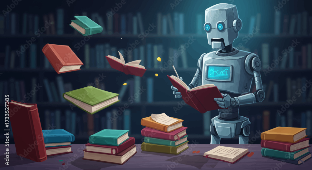 Robot Reading a Book in a Library with Floating Books. Stock Vector ...