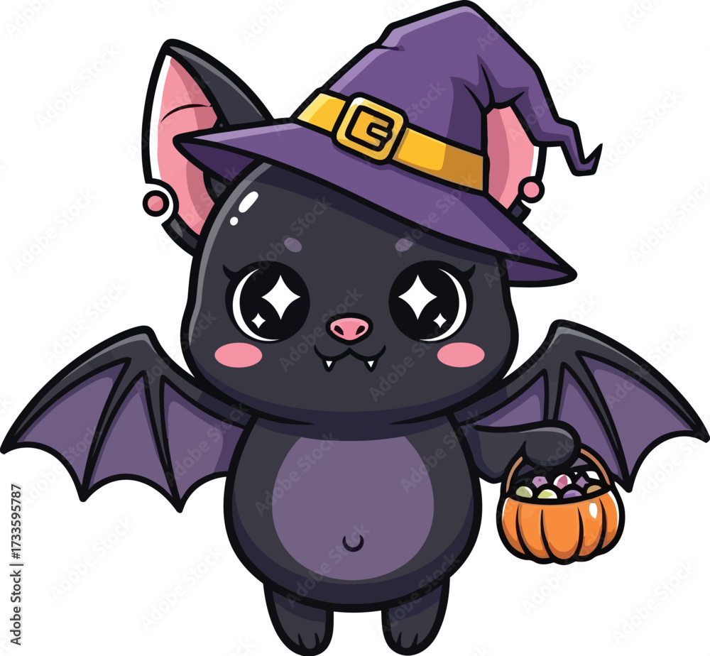 Cute cartoon bat wearing witch hat holding pumpkin basket halloween bat ...
