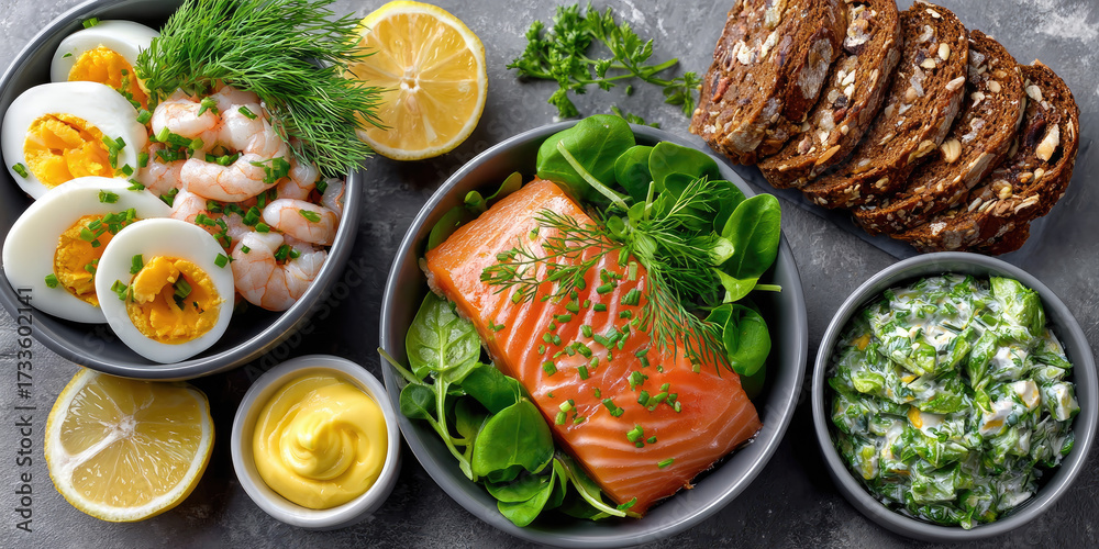 top view of nordic buffet table with traditional swedish cold dishes ...