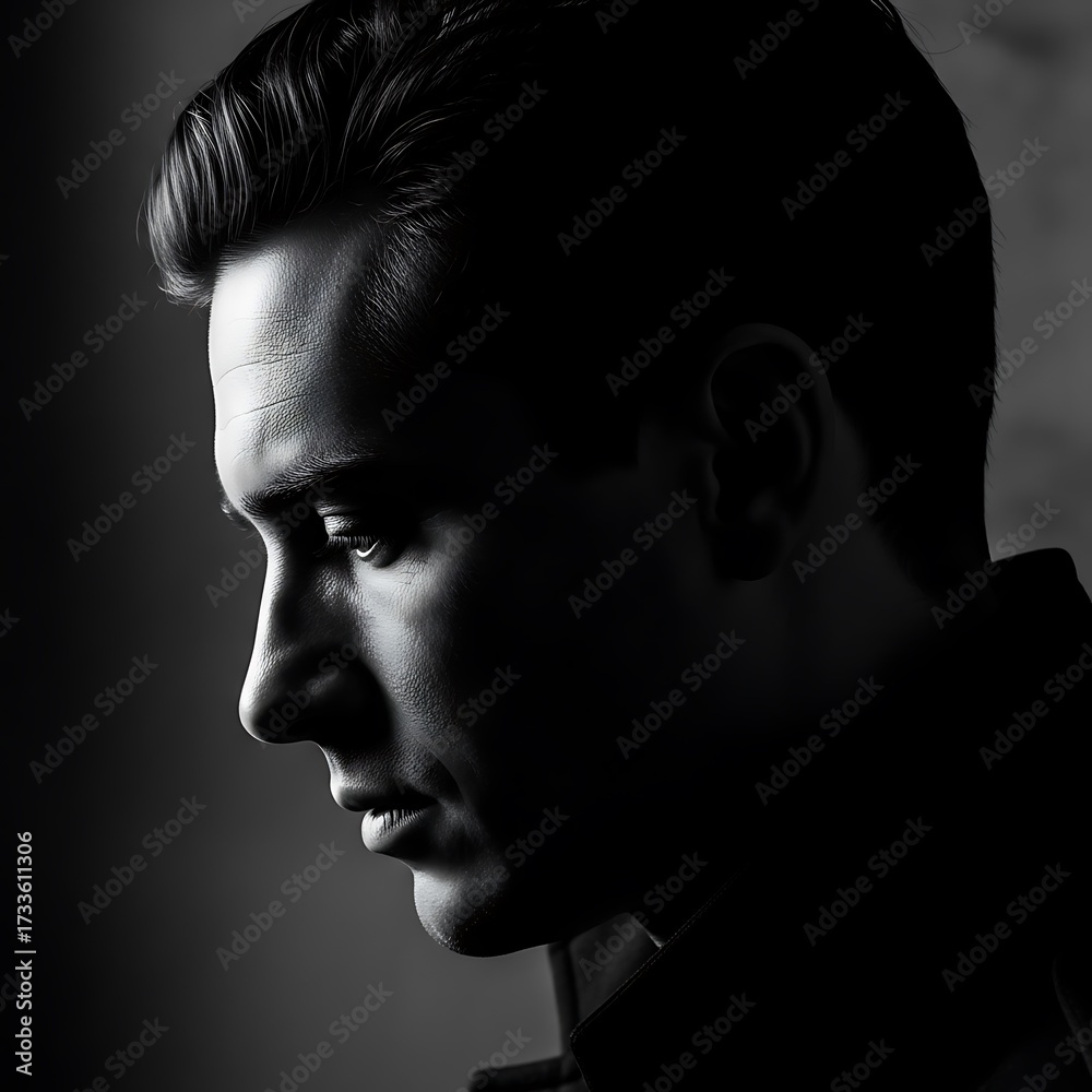 A dramatic black and white close-up profile of a man with slicked-back ...