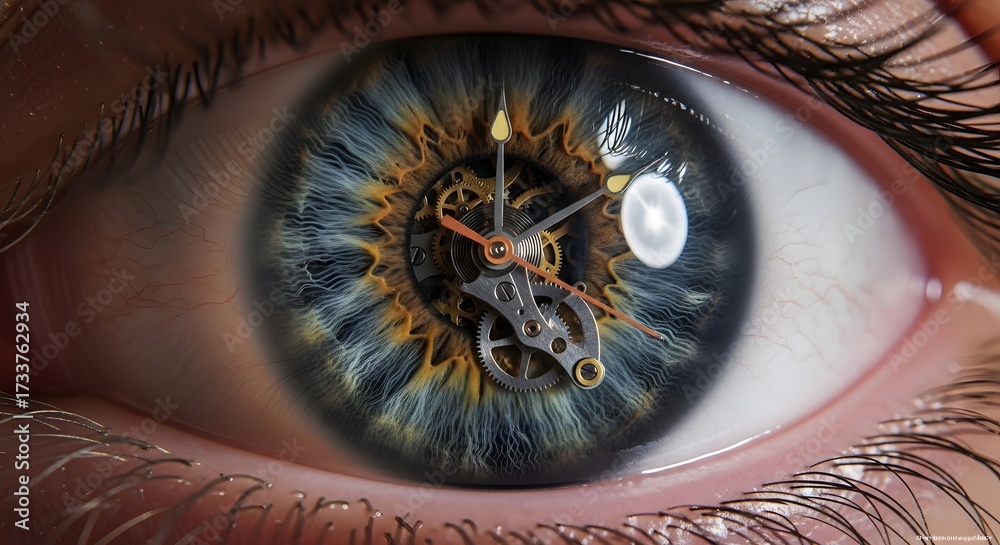 Surreal macro photo of a human eye with a clockwork mechanism inside ...