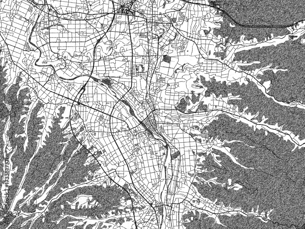 Hand-drawn style black and white city map of Saku, Japan, with detailed ...