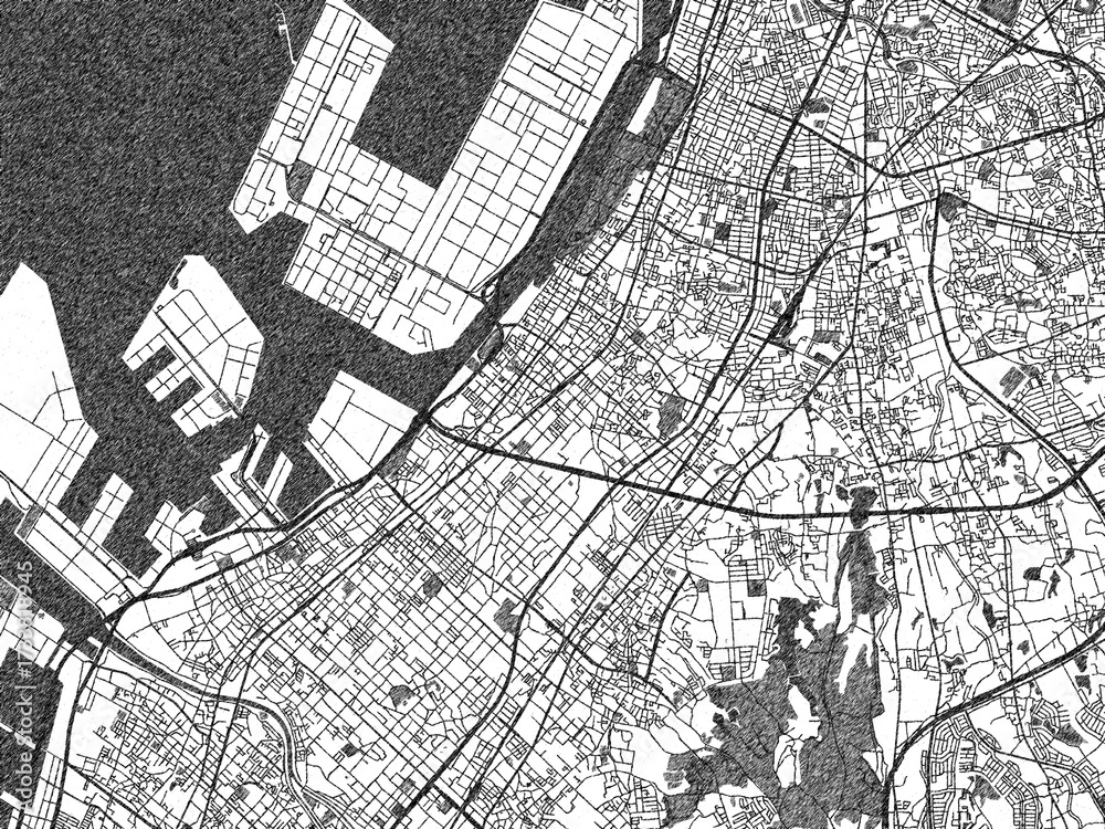 Illustrated city map of Takaishi, Japan, in black and white, showing ...