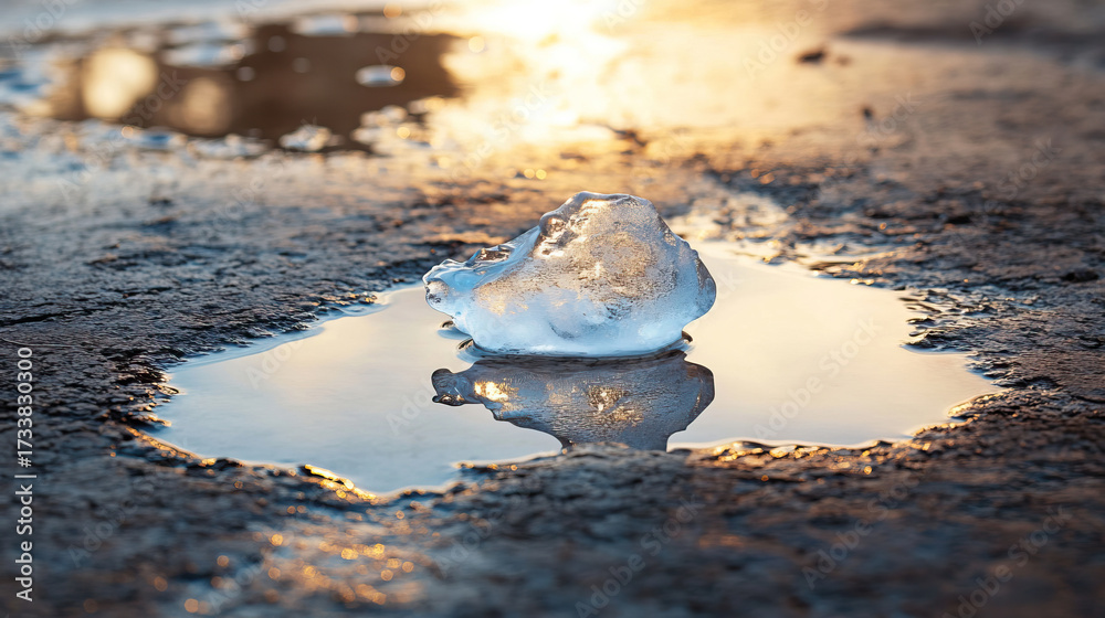 Single melting ice cube on a hot dry pavement, shaped like a continent ...