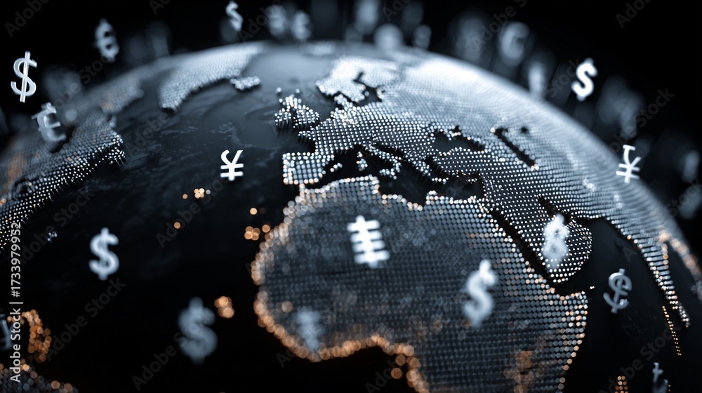 Dynamic 3D globe with scattered currency symbols represents global ...