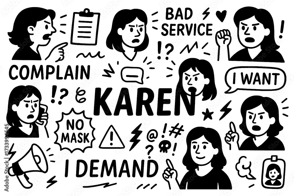 Karen meme doodle composition with angry woman, complaint symbols and ...