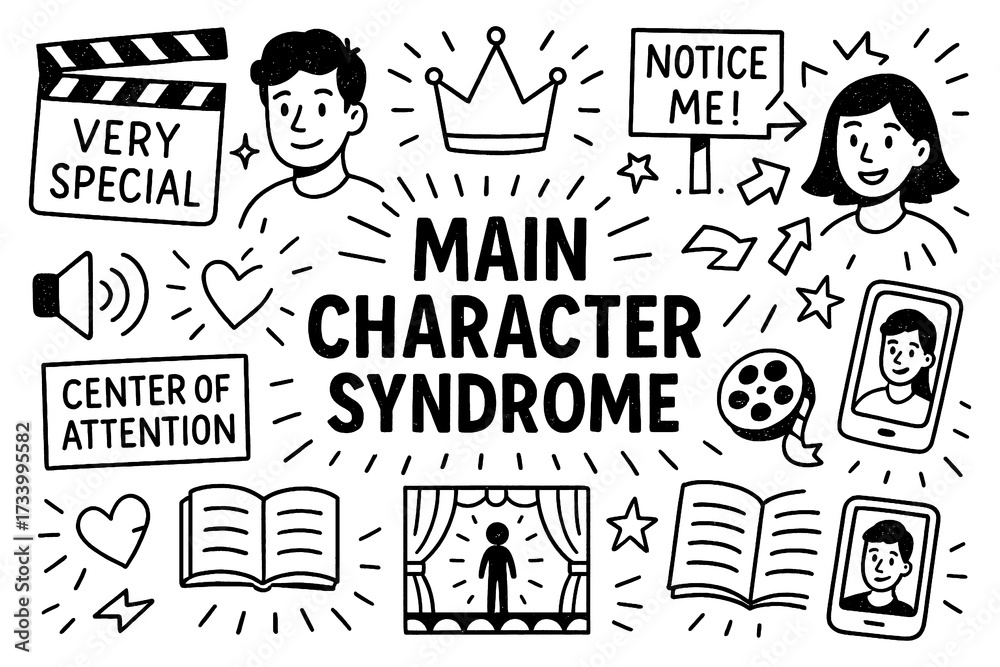 Main character syndrome doodle with self importance, spotlight, crown ...