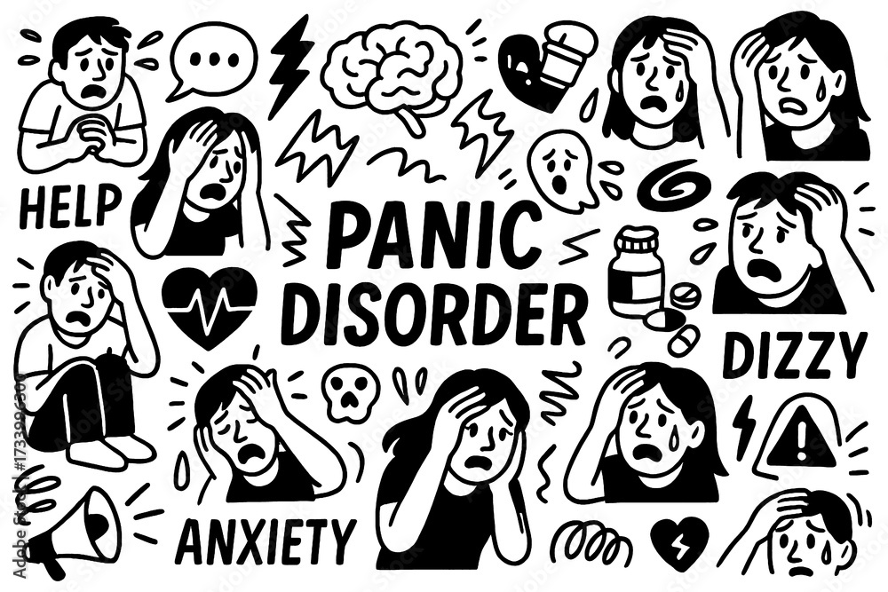 Panic disorder doodle with anxious faces, fear, stress, warning signs ...