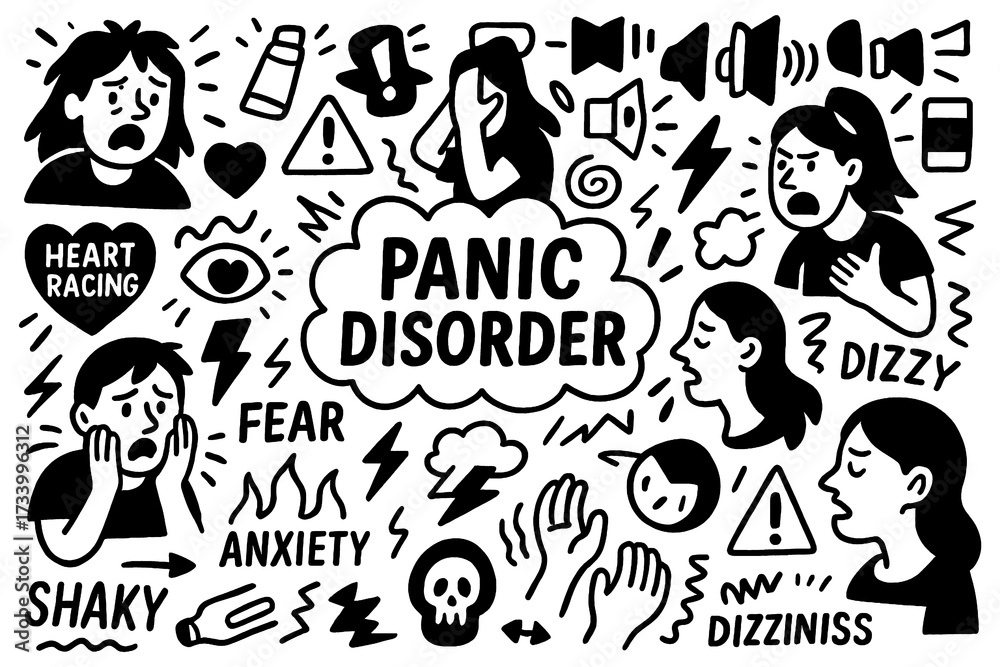 Panic disorder doodle with anxious faces, fear, stress, warning signs ...