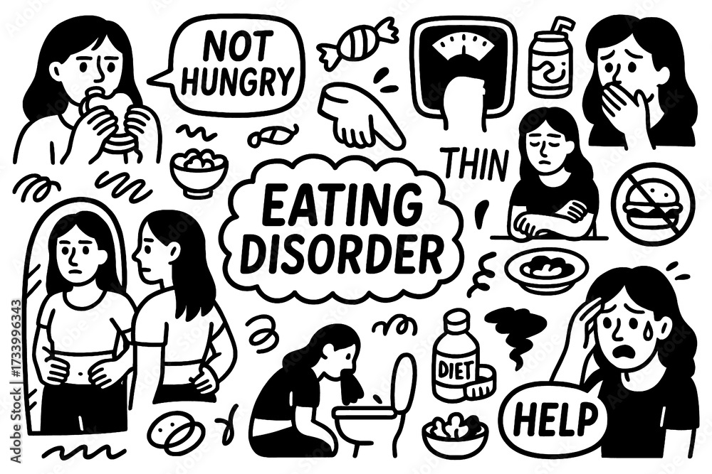Eating disorder doodle with binge eating, guilt, dieting, body weight ...