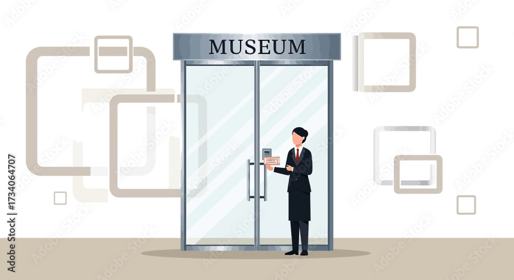 Visitor entering the museum using a ticket scanning system, an ...