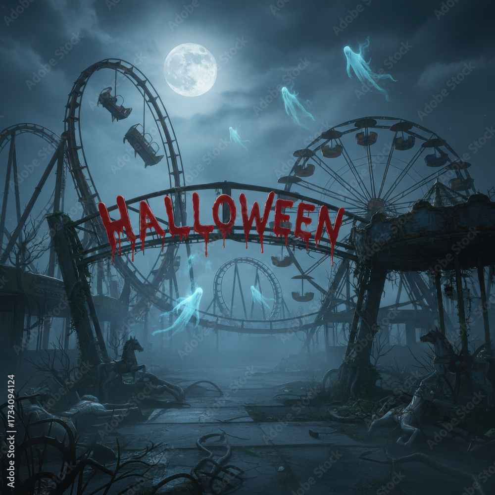 Eerie abandoned amusement park at night under a full moon with floating ...