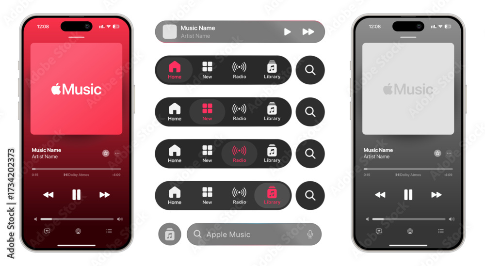 Apple Music Template UI App 2025 update with iOS 26 liquid glass style. Includes navigation bar ...