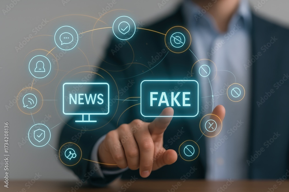 Illustration depicts the concepts of news and false information, with a ...