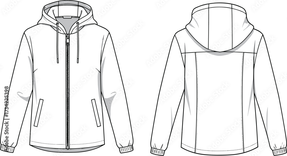 Minimalist CAD drawing flat vector illustration of hooded zip jacket ...