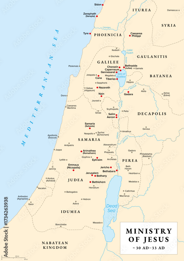 Vector de Stock Ministry of Jesus, history map. Beginning with baptism ...
