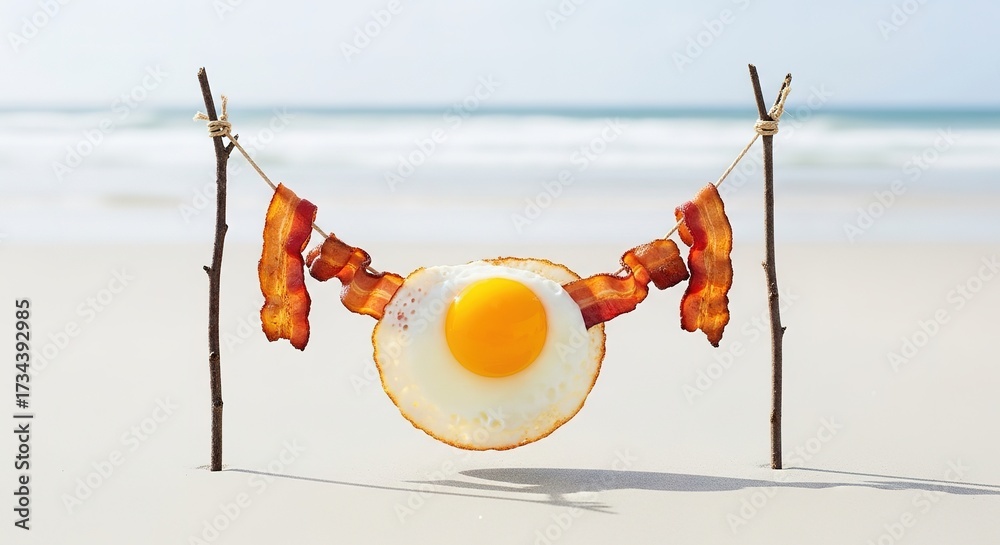 Sunny side up egg and bacon suspended on a string between two st Stock ...