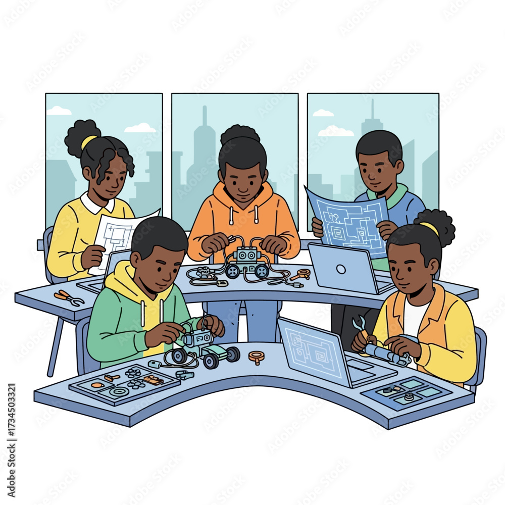 Future innovators and engineers Black children collaborating on a ...