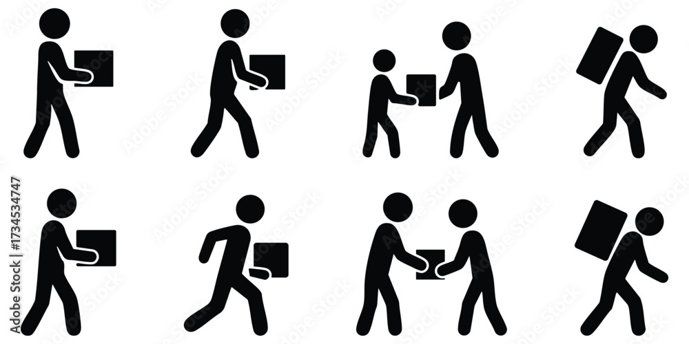 Stickman carrying boxes and packages in different delivery and courier ...