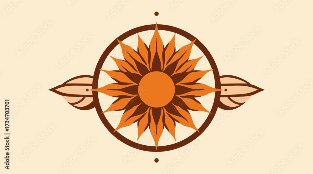 Stylized sunflower design with circular frame and symmetrical wing-like ...