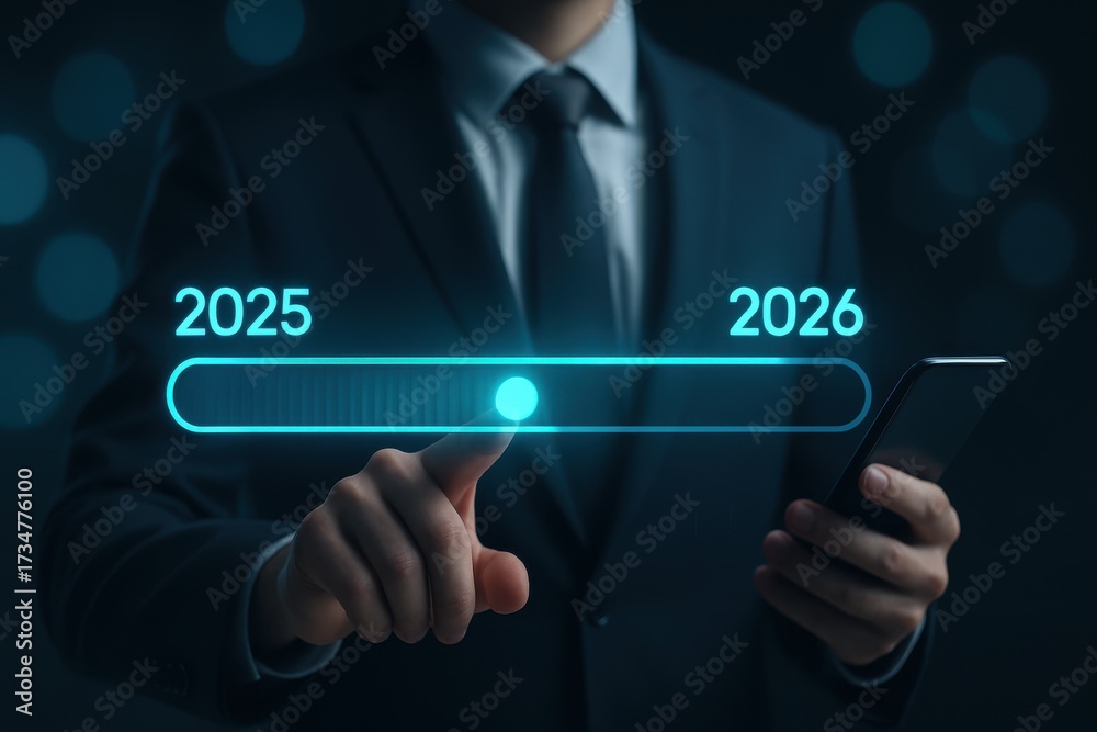 Businessman touching futuristic progress bar moving from 2025 to 2026 ...