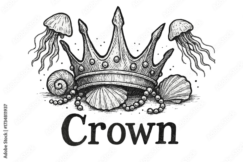 Lost Sea Crown. Hand-drawn lost crown with shells, pearls, and ...