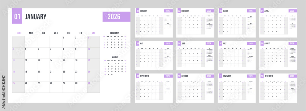 Minimalist 2026 year Calendar month template horizontal pages set ...