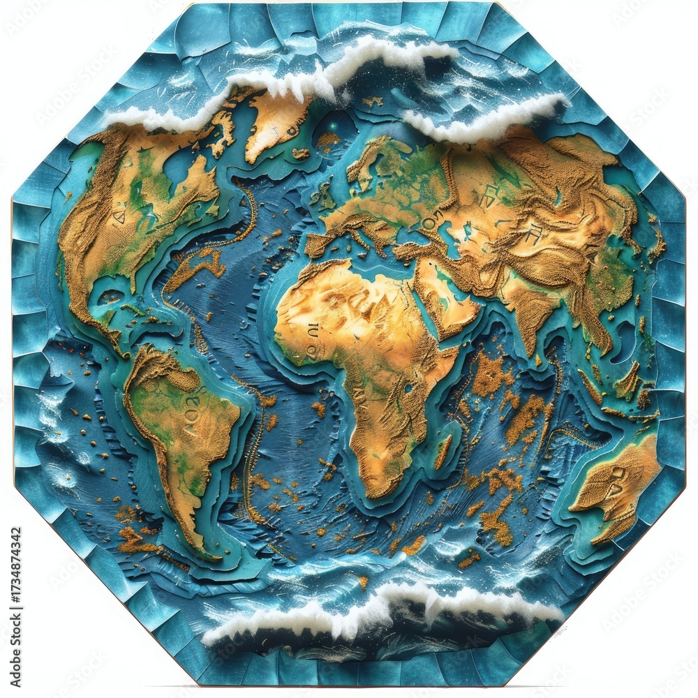 Foto de Stock Octagonal paper relief map of Earth, showing continents ...