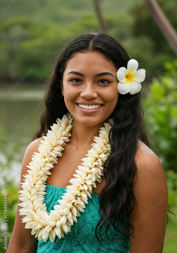Luminous portrait of a young Polynesian woman with a Plumeria lei ...