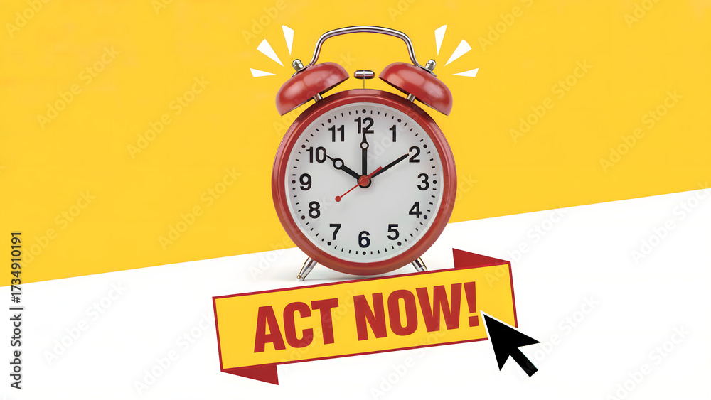 Red alarm clock with act now banner on yellow and white background ...