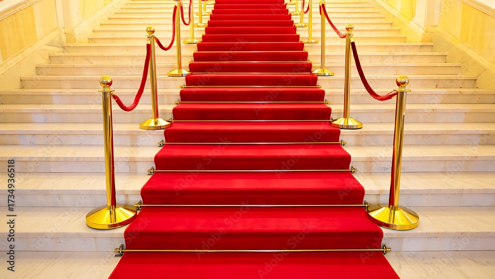 Luxurious red carpet stairs with golden ropes create a glamorous ...