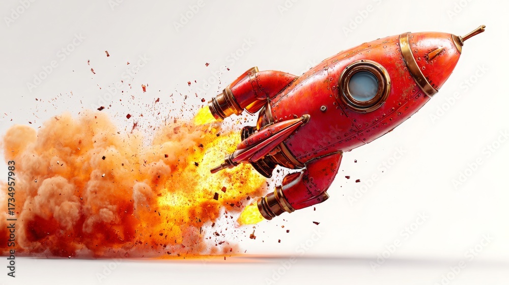 cute cartoon rocket ship taking off with smoke and flames, orange color ...