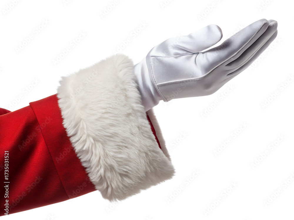 Santa Claus hand wearing white glove with red and fur-trimmed sleeve ...