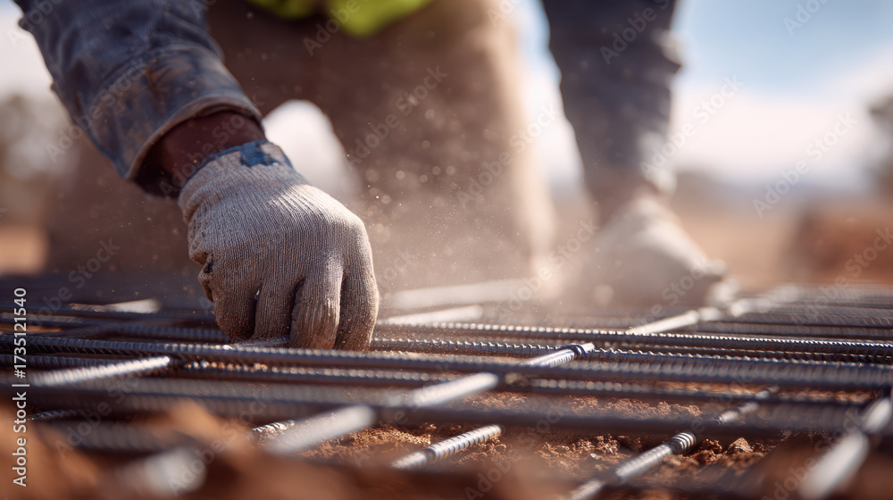 Fotografie Worker tying rebar close up with gloves construction site ...