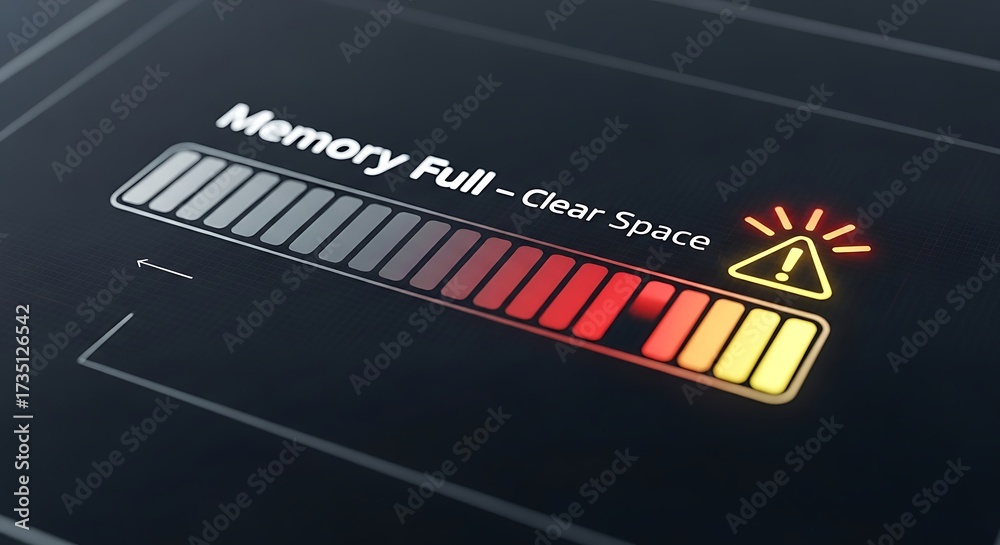 Urgent warning displayed on screen memory full alert with progress bar ...