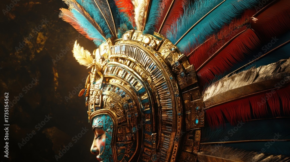 Ilustrace Ceremonial Aztec feathered headdress, quetzal feathers and ...