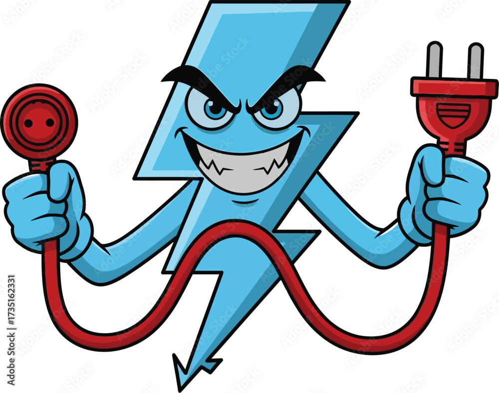 Cartoon lightning bolt character holding electrical plug socket Stock ...