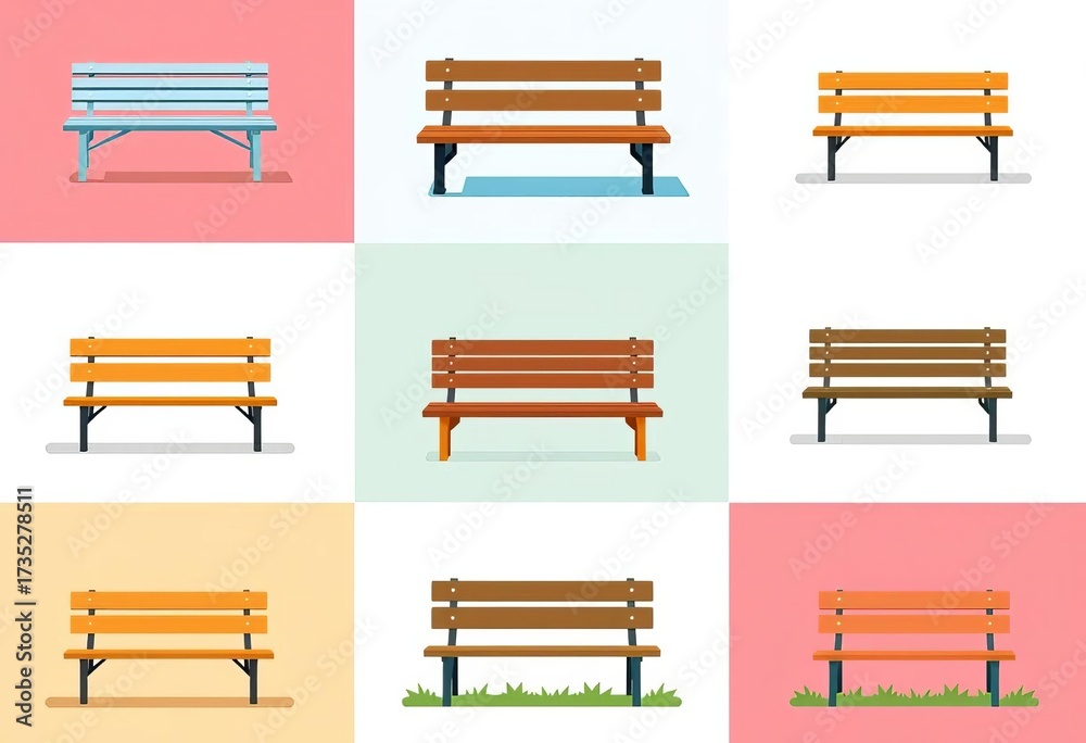 Collection of simple, flat-style icons depicting various park benches ...