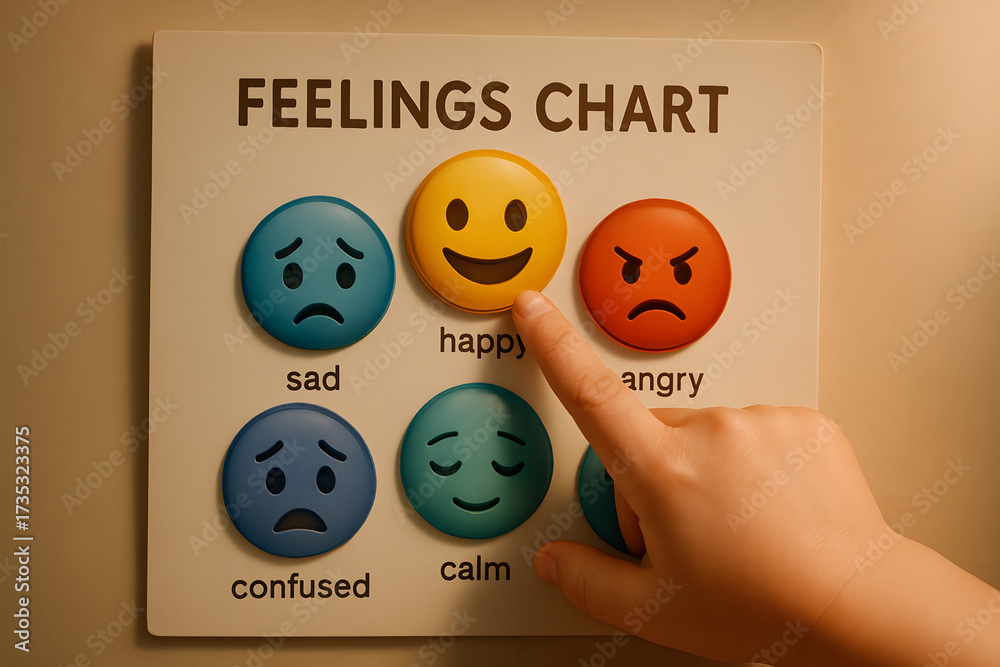 Feelings Chart: Hand pointing to a cheerful happy emoji on a chart ...