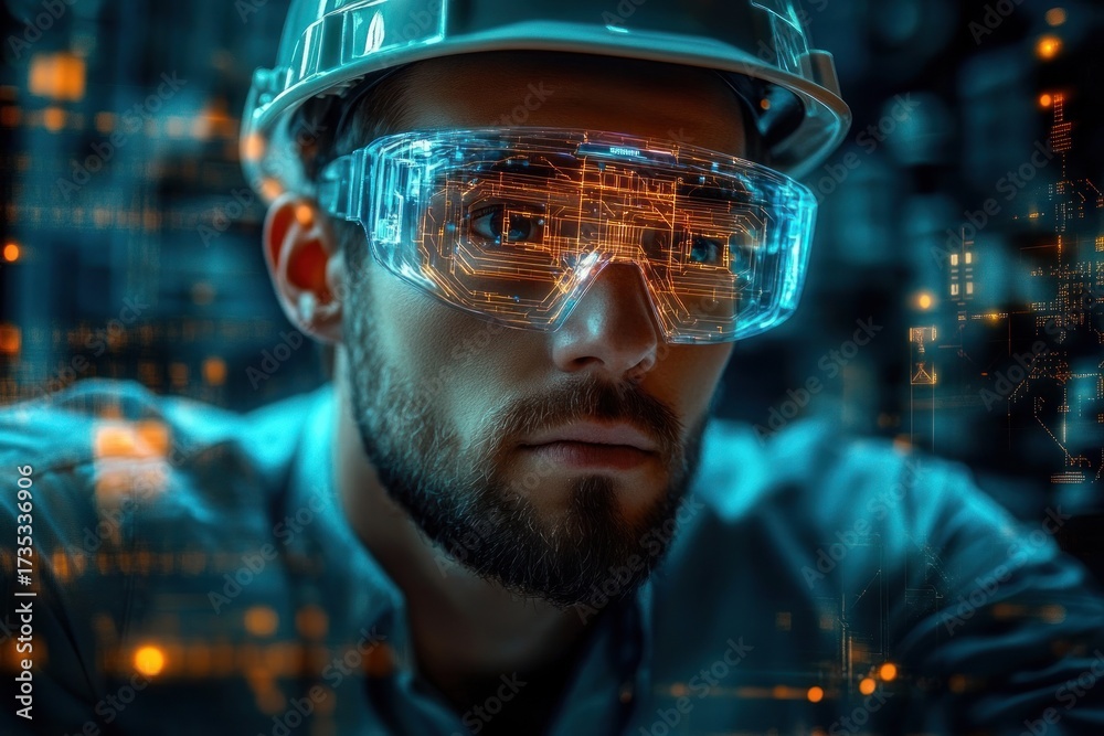 Focused man wearing a safety helmet and augmented reality glasses ...