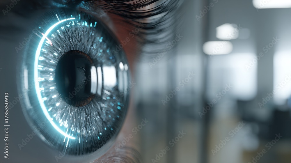 Futuristic biometric iris scanner glowing blue light technology ...