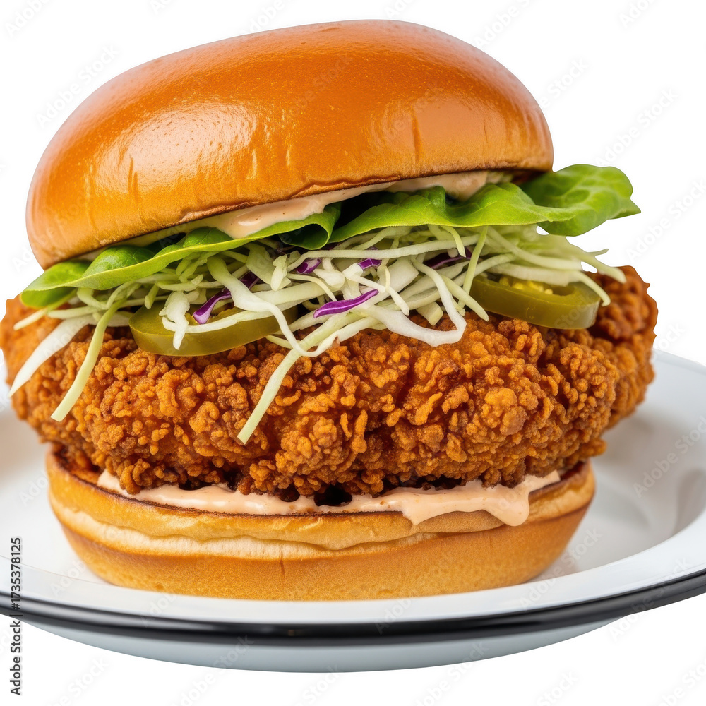 Crispy fried chicken burger with fresh lettuce and pickles on a brioche ...