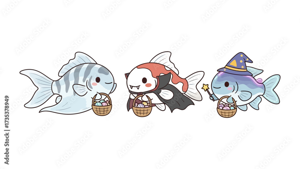 Stock-Vektorgrafik „Halloween Fish Trio: A whimsical scene of cartoon ...