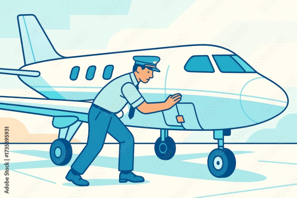 Cartoon pilot pushing airplane on runway under light sky for humorous ...