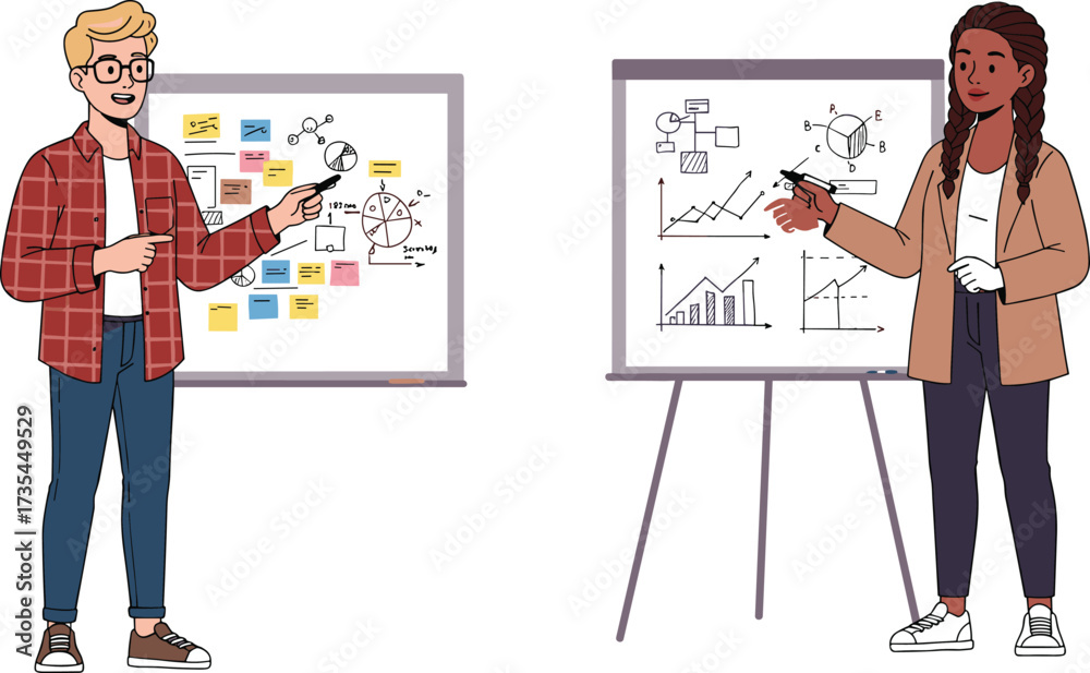 Team presentation scene, data analysis board, business meeting ...